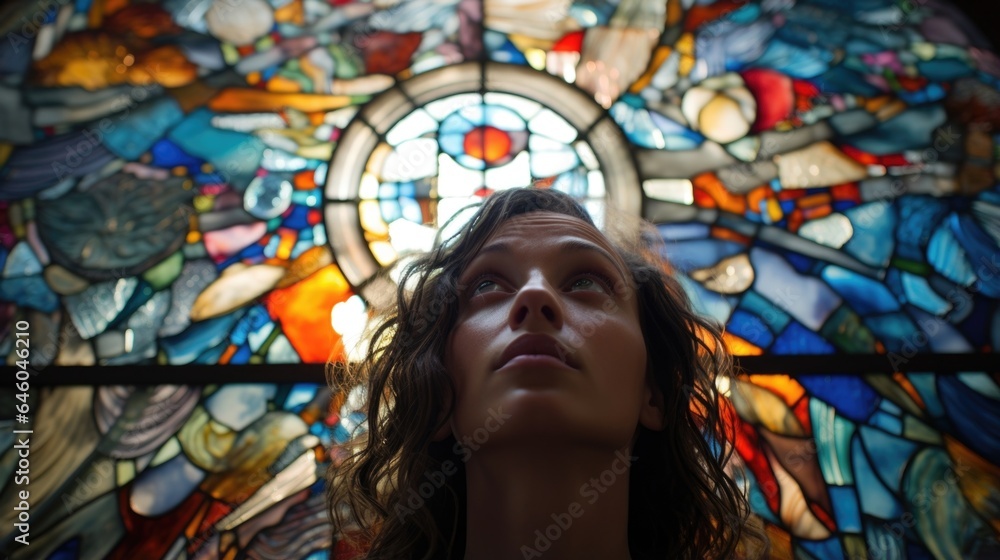 middleaged, mixedrace woman languishes in empty church, gaze fixed on ...