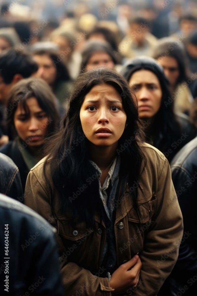 In early twenties, native American woman stands at edge of crowded ...