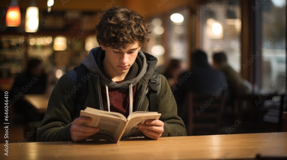 Caucasian teenage boy sits in bustling coffee shop, deeply engrossed in ...