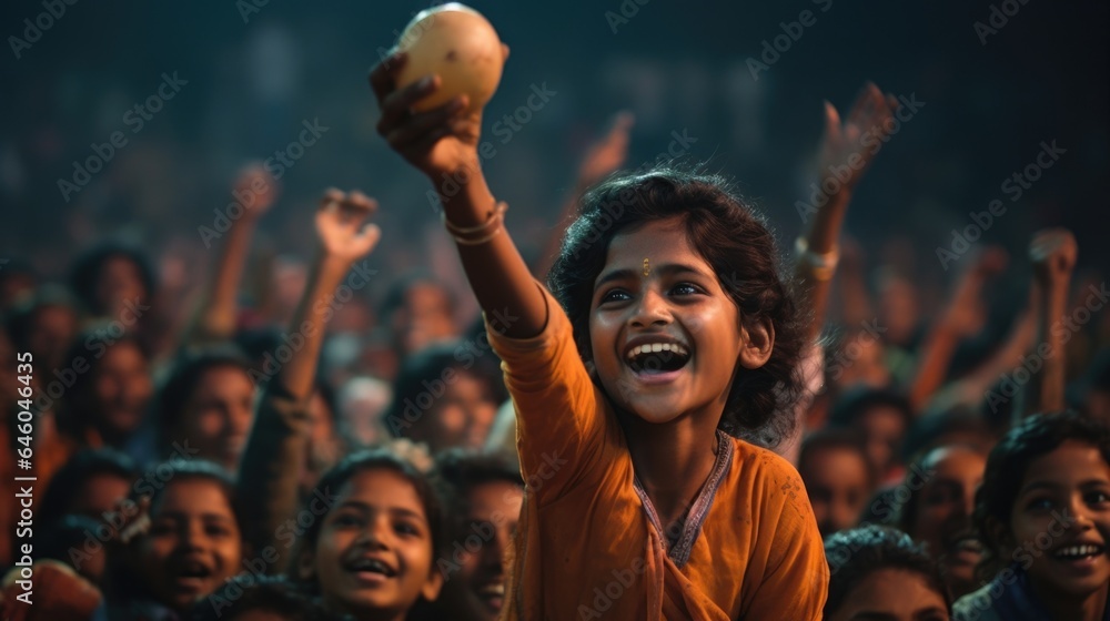dusky young Indian girl stands amidst crowd cheering at football ground ...