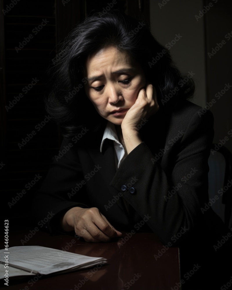 older Asian woman sits in thes office, eyes filled with regret and ...