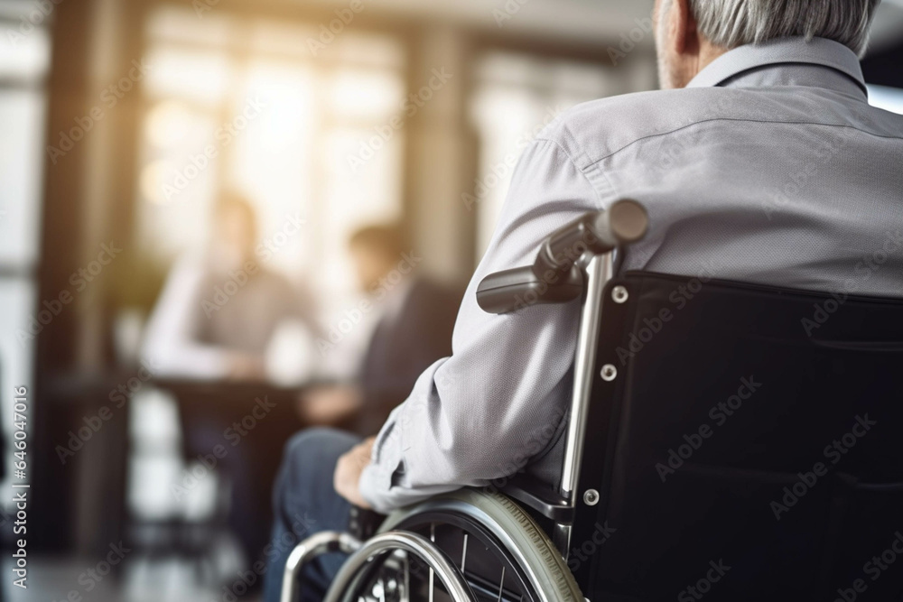 Man with a physical disability on wheelchair, sitting helpless in front ...