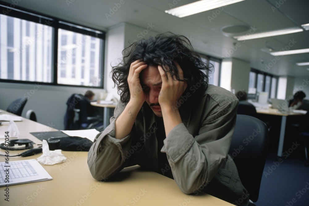 In downtown office, young Aboriginal man rubs temples, burdened by ...