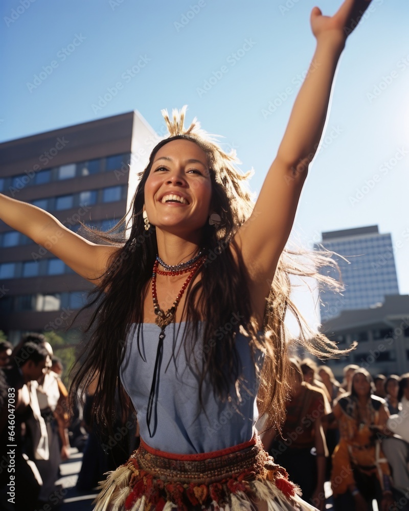 Downtown in buzzing metropolitan city, Native American woman exudes ...