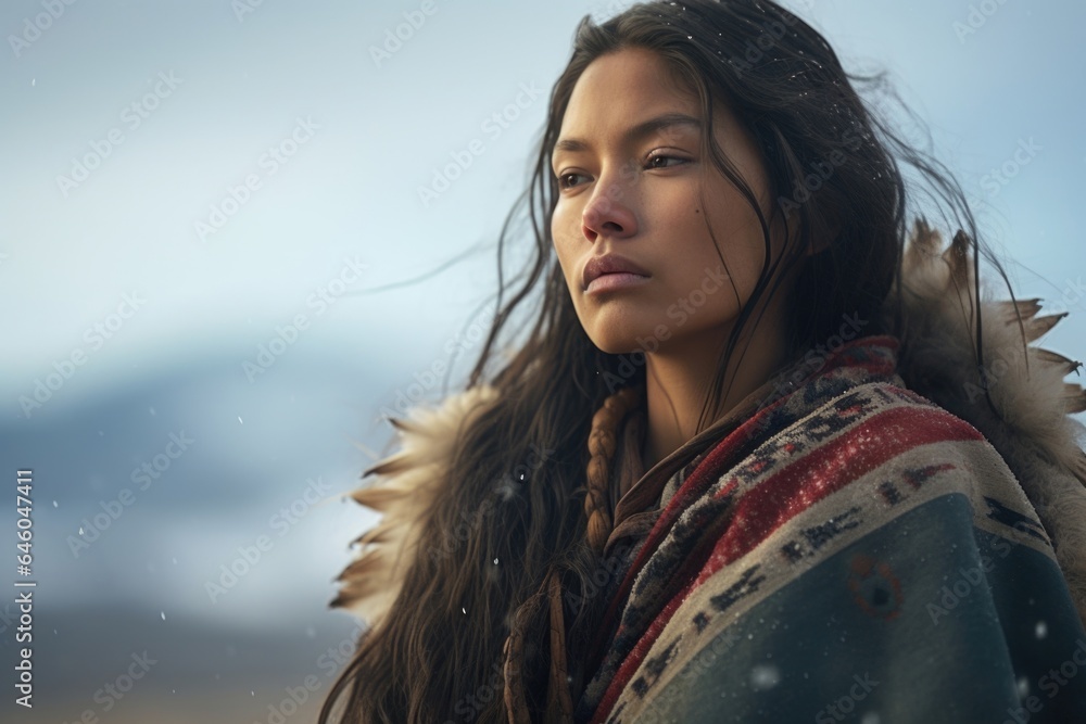 youthful Indigenous woman noticed standing atop rainkissed hill, eyes ...