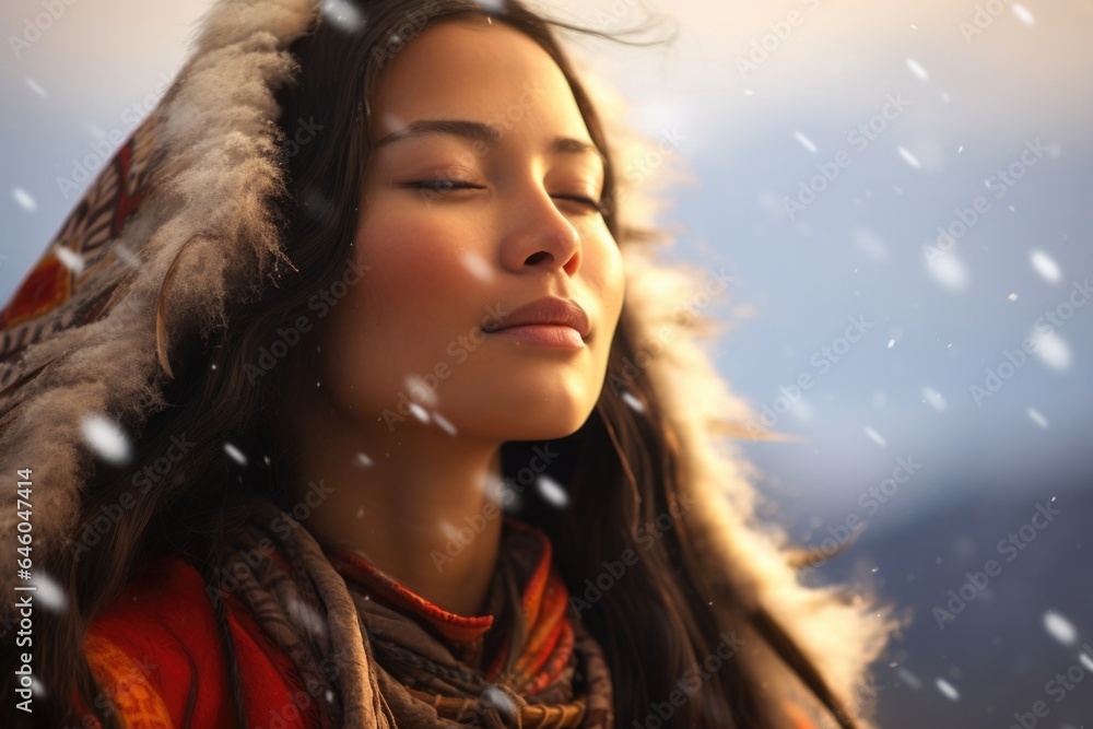 youthful Indigenous woman noticed standing atop rainkissed hill, eyes ...