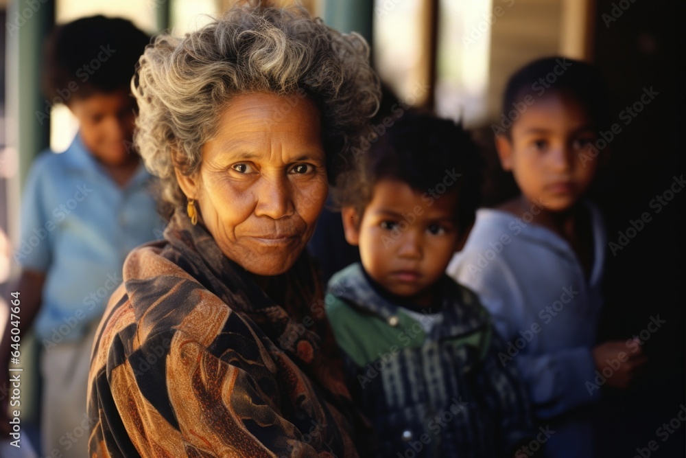mature Aboriginal Australian lady, absorbed in child supervision at ...