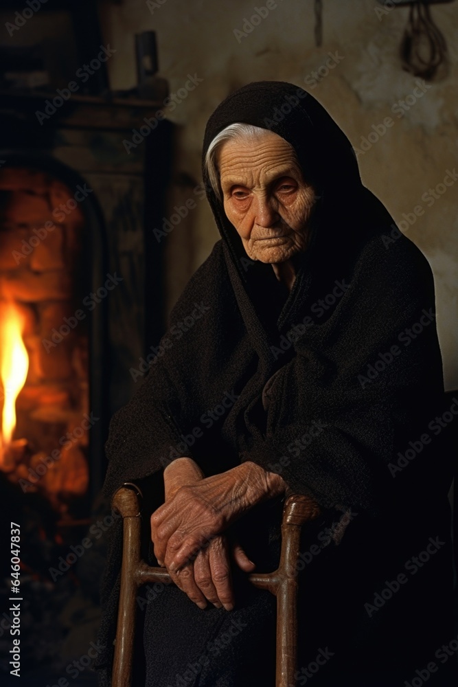 brooding Caucasian widow in twilight years sitting by rustic fireplace ...