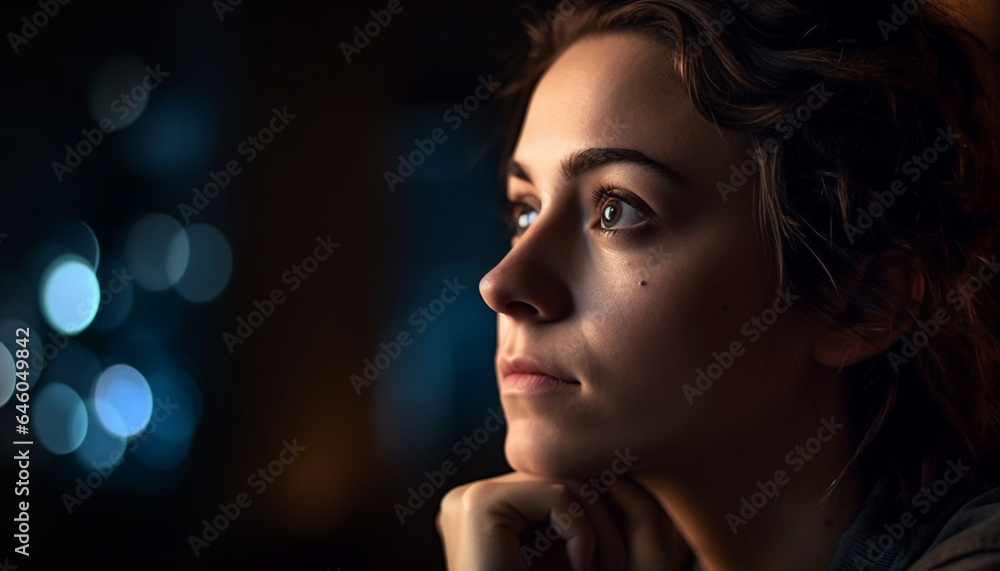 Young adult woman with long brown hair, smiling in contemplation ...