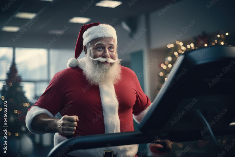 Santa Claus jogging on treadmill in a gym. Ai generative art Stock Illustration | Adobe Stock