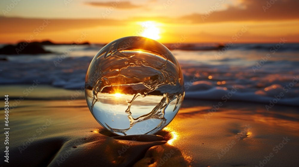 A mesmerizing photograph of a glass globe floating above a serene ocean ...