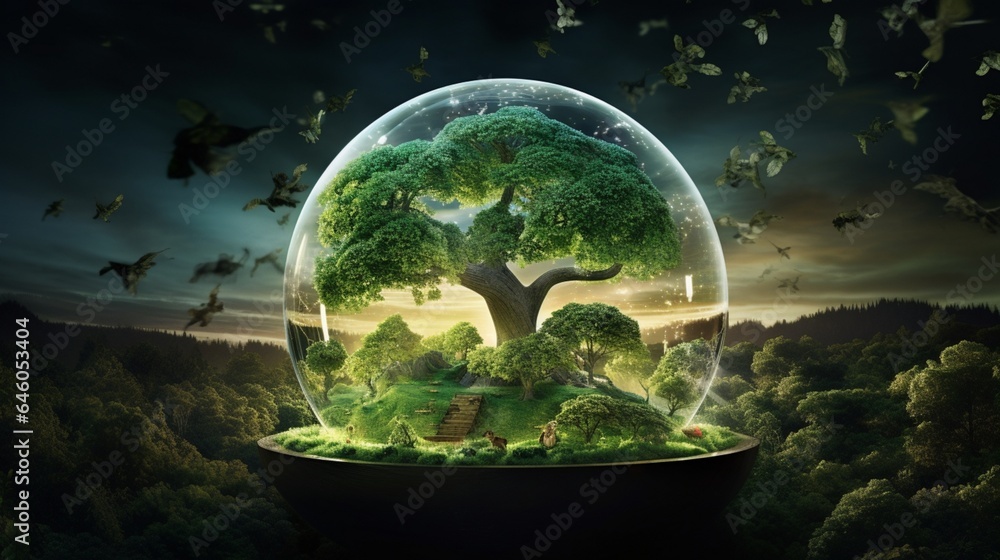 1 Generate an enchanting scene featuring a glass globe adorned with ...
