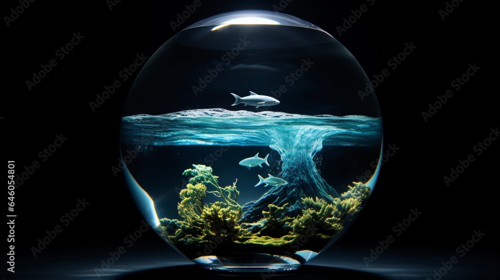 1 Produce an image of a glass globe floating above a serene ocean, with ...
