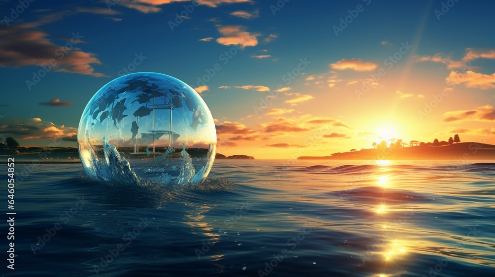 1 Produce an image of a glass globe floating above a serene ocean at ...
