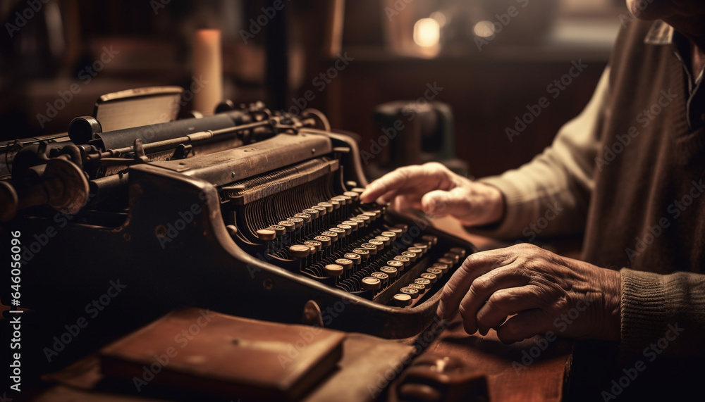 Senior journalist holding old fashioned typewriter, typing memories for ...