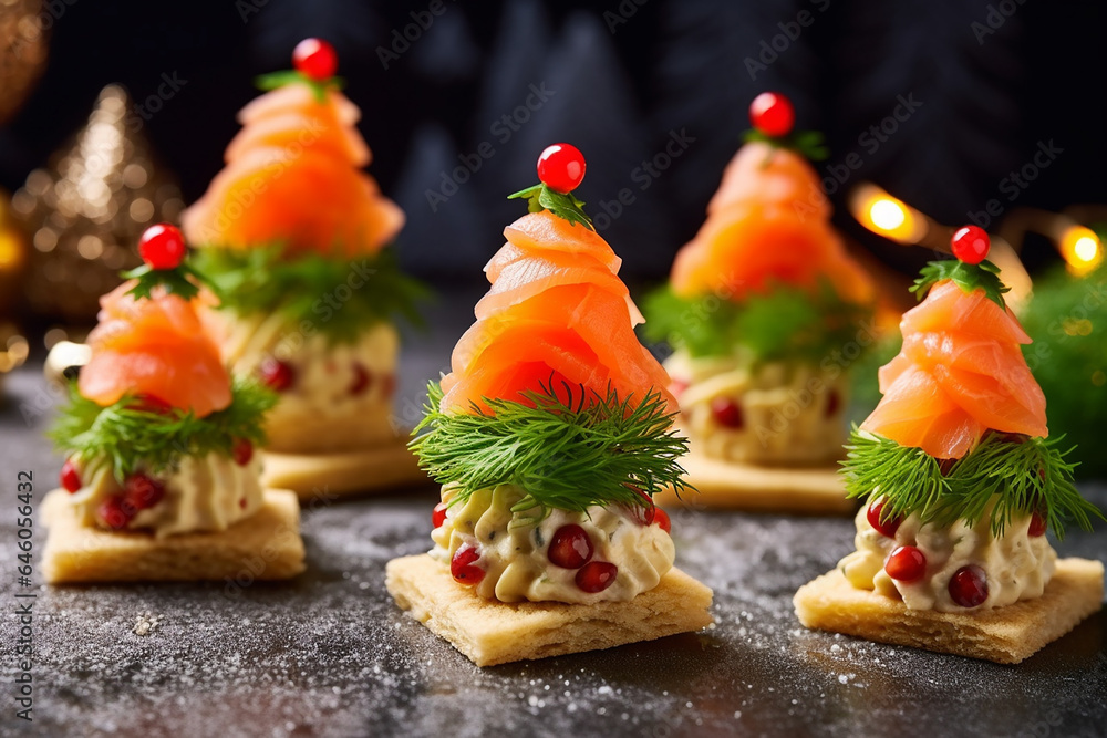 Festive Christmas Tree Canapé with Cucumber Slice, Salmon Pate, and Red ...