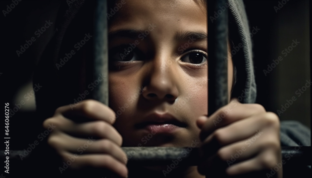 Sad children trapped in prison, looking cute but feeling fear generated ...