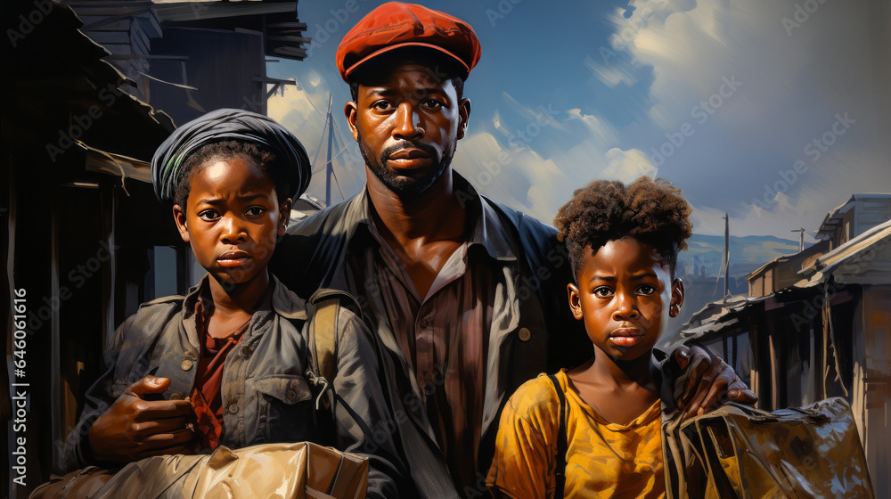 Poignant depiction of a family facing eviction, embodying hardship and ...