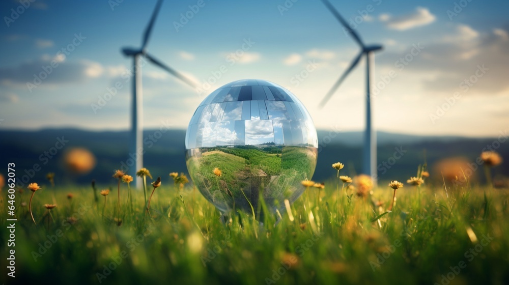 Capture a mesmerizing photograph of a glass globe surrounded by a field ...