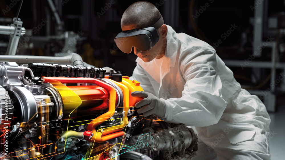 Foto de Man using AR/VR goggles to help him work on an engine do Stock ...