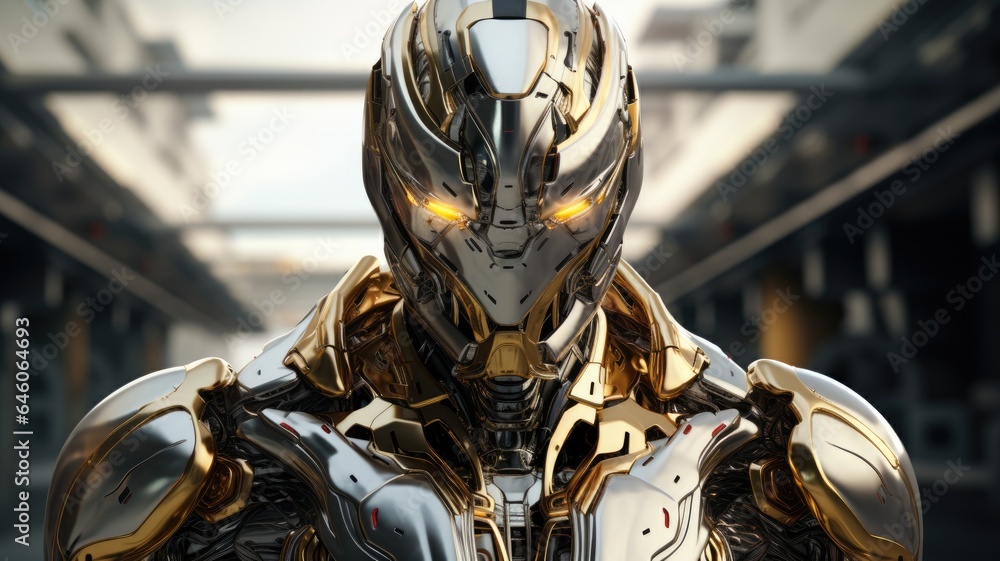 Close up of futuristics war machine robot in white silver and gold ...