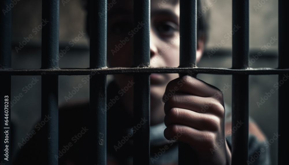 Sadness behind prison bars One trapped adult holding metal lock ...