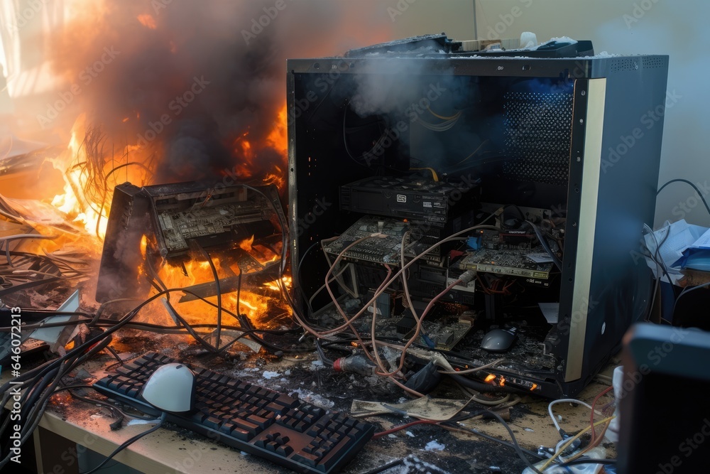 Fire scene unfolds as a personal computer, overwhelmed by intensive ...