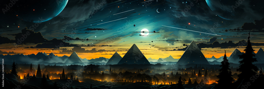 Whimsical Egyptian pyramid and Sphinx scene under a starry night sky ...