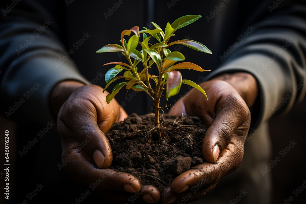 Hands holding a clod of earth with a young seedling, growing renewable ...