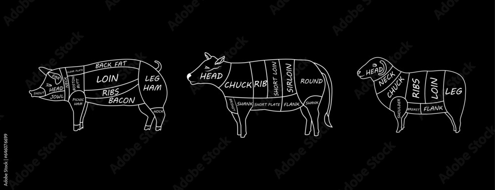 Sets of animals with descriptions of body parts for the butcher and ...