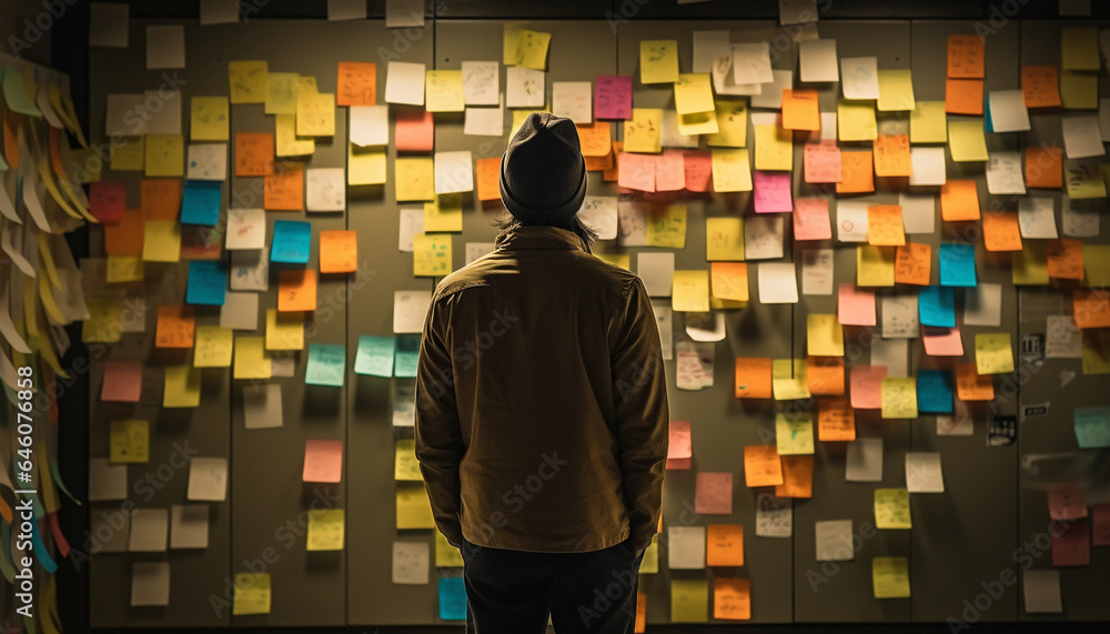 Businessman brainstorming ideas on sticky notes in dark office window ...