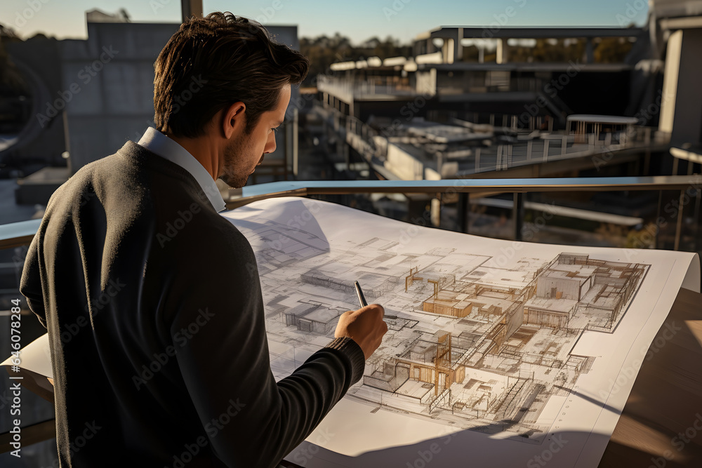 An architect scrutinizes building plans on a rooftop, overseeing an ...
