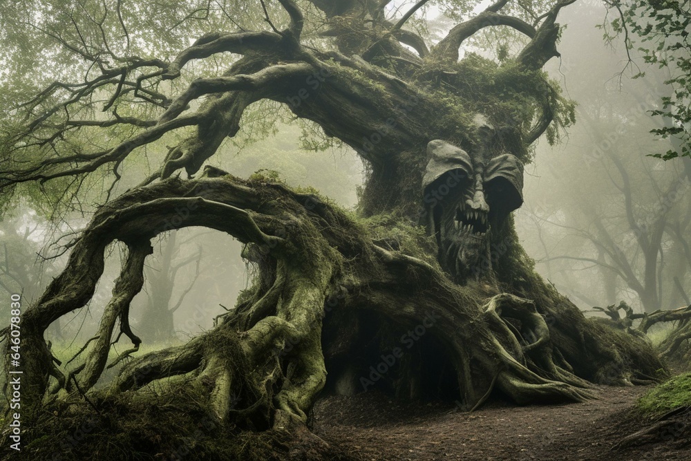 Image depicting eerie woodland featuring massive contorted tree ...
