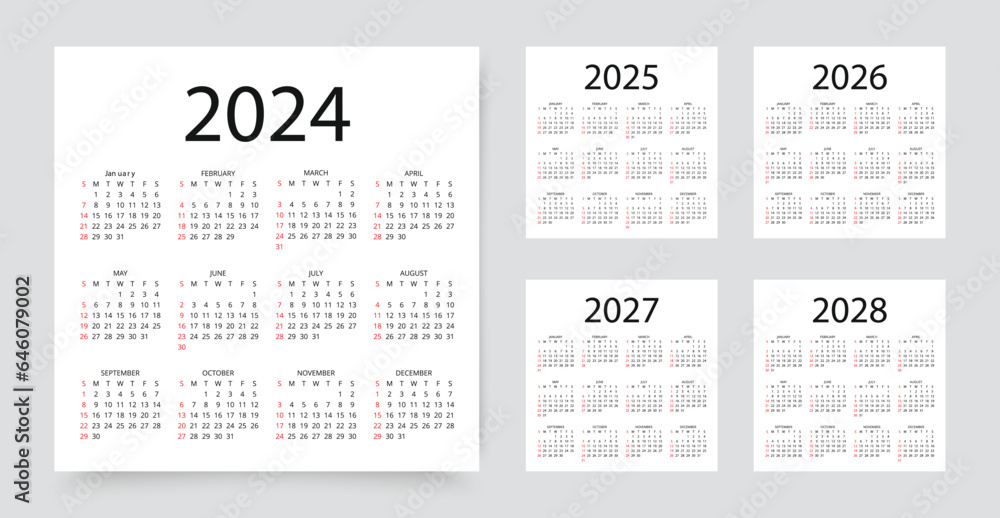 2024, 2025, 2026, 2027, 2028 calendars. Calender templates. Week starts ...