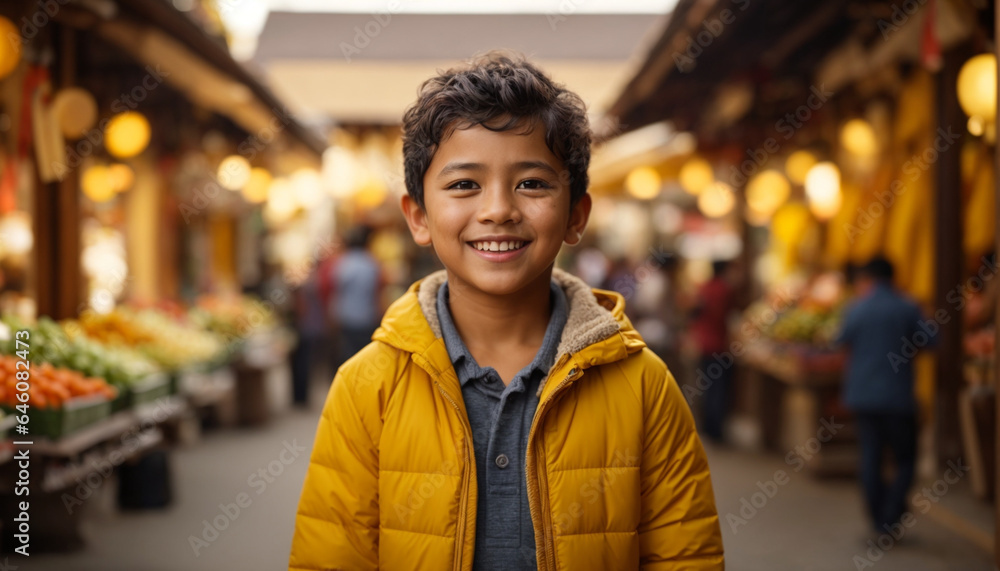 Asian Kids in Traditional Market wearing yellow jacket. Stock Photo ...