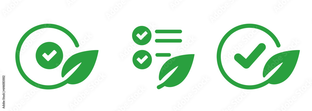 Check mark and green leaf leaves set icon symbol of eco friendly ...