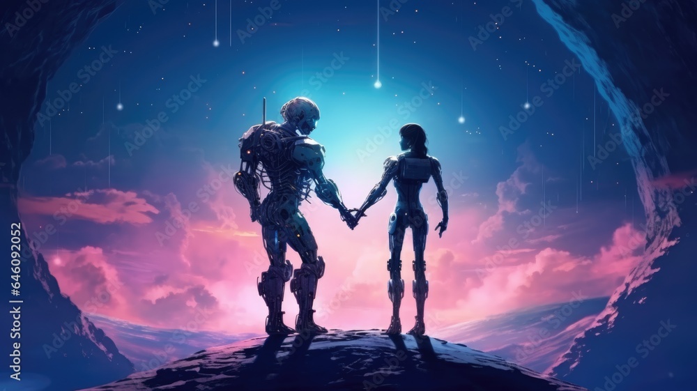 Couple of man and robot girl holding each other's hands on space sky ...