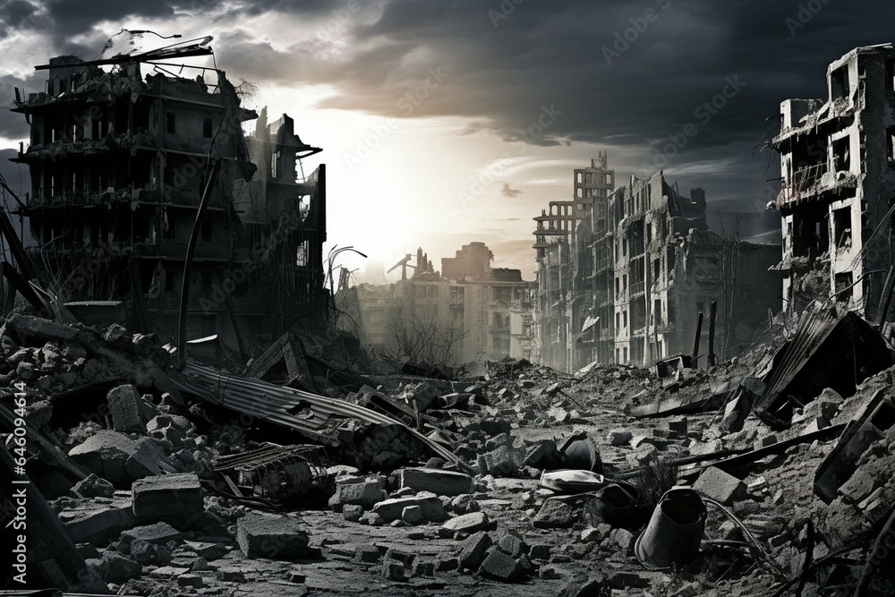 Illustration of devastated urban landscape with destroyed buildings and ...