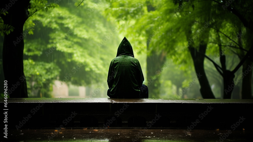 adult woman, wearing green rain jacket, sitting in city park, autumn ...