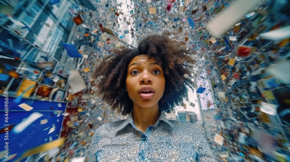 Overwhelming information data explode out of head of young human brain ...