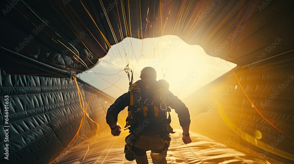 Extreme skydiving. Skydiver flying on a parachute at sunset. Extreme ...