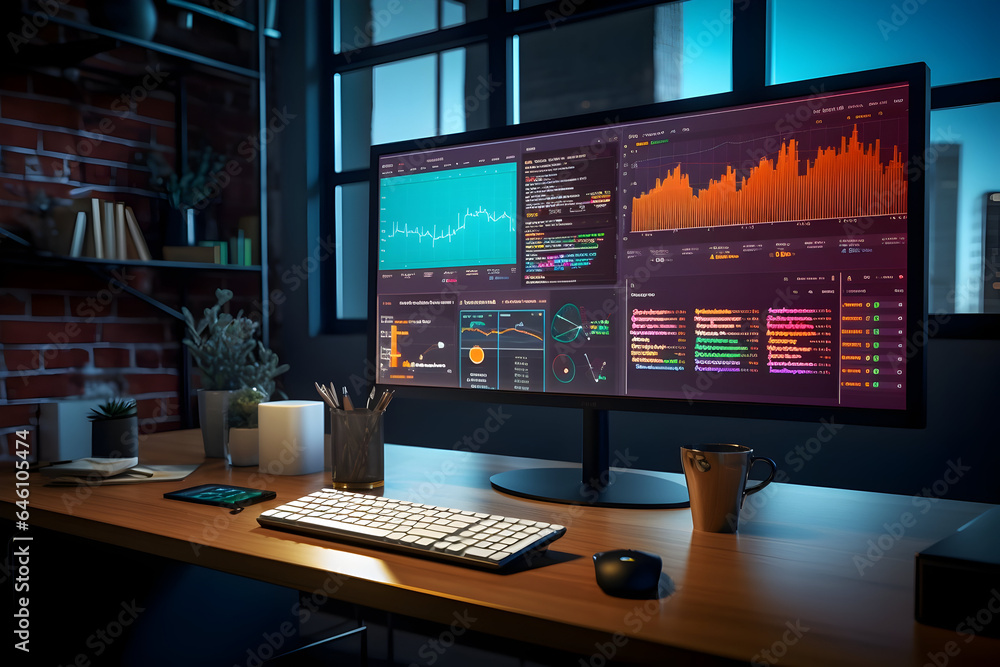 Business Intelligence at Work A Modern Computer Desk Setup with a Computer Displaying a Business ...