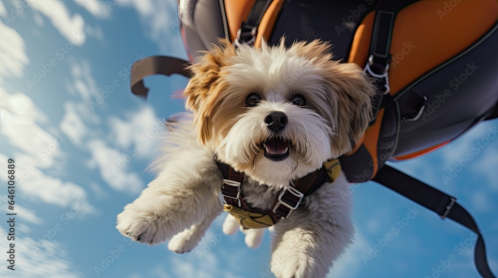 a cute little dog goes skydiving. Skydiving, dog in equipment flying ...