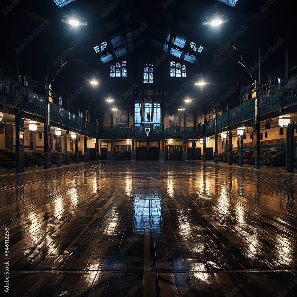 empty blurred picture of a college gym, an ancient building, a dark key ...