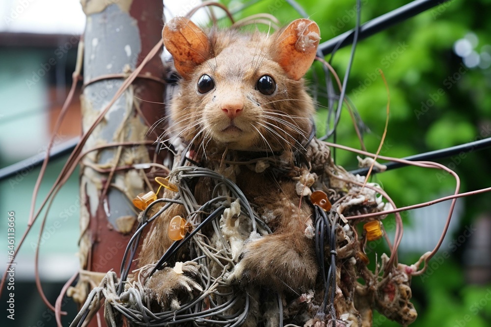 Damaged electrical wires from rodent infestation. Generative AI Stock ...