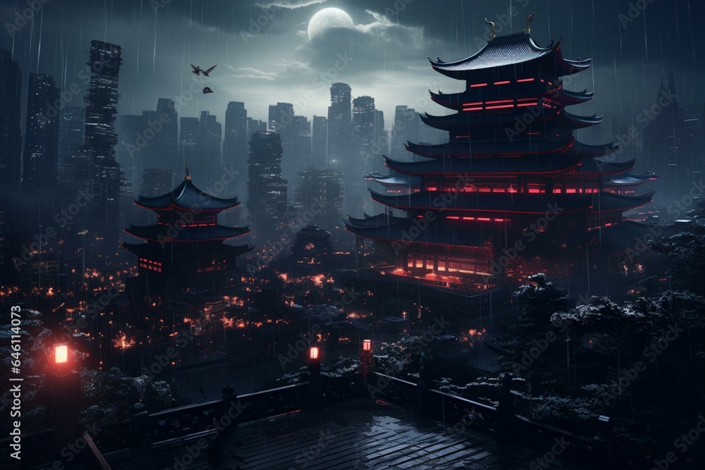 Futuristic Japanese cyberpunk temple amidst a dystopian city at night ...