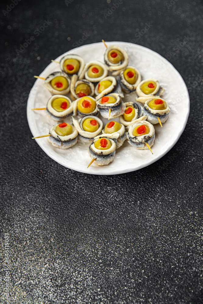olive in anchovy fillet, anchovys roll stuffed olives apetizing seafood ...