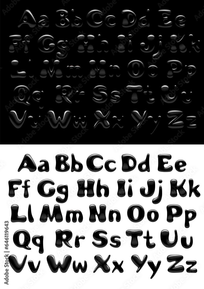 Black glossy alphabet capital and small letters in 3d streamlined fluid ...