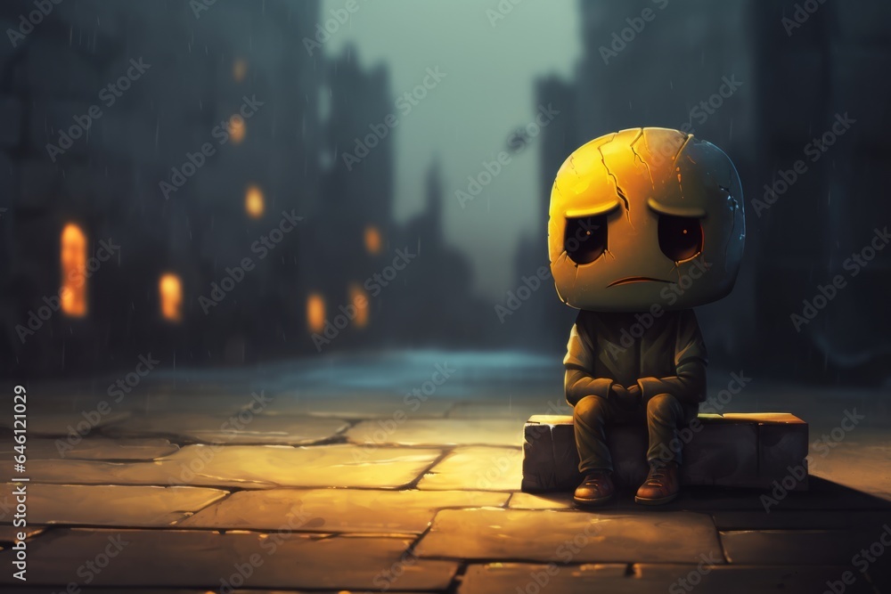a cartoon character struggling with clinical depression, conveying deep ...