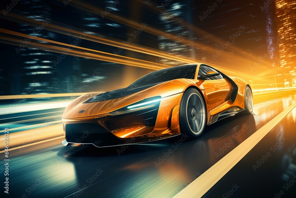 Fast sports car driving on a highway with motion blur effects, creating ...